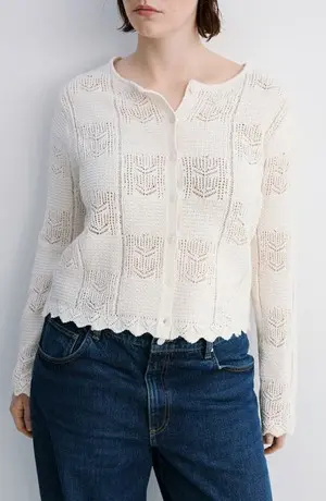 Mango Pointelle Crop Cotton Blend Cardigan