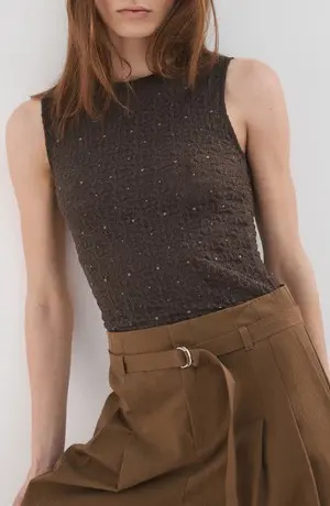 Mango Studded Jewel Neck Tank - Chocolate