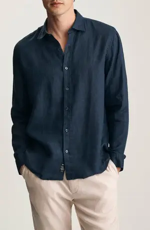 MAVI Regular Fit Linen Button-up Shirt - Black Iris