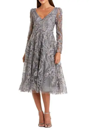 Mac Duggal Floral Embroidered V-neck Midi Dress - Charcoal