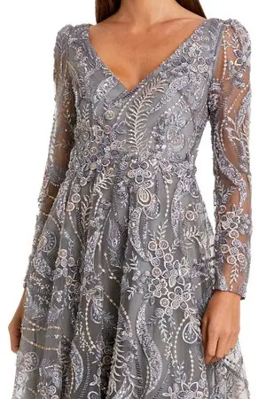 Mac Duggal Floral Embroidered V-neck Midi Dress