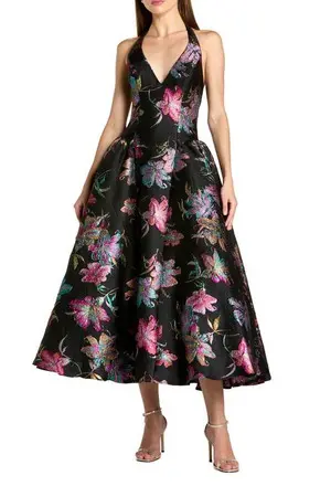 Mac Duggal Floral Brocade Halter Neck Open Back Midi Dress - Black Multi
