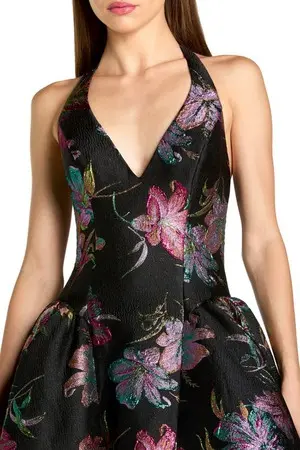 Mac Duggal Floral Metallic Brocade Halter Neck Midi Dress