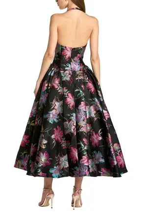 Mac Duggal Floral Metallic Brocade Halter Neck Midi Dress