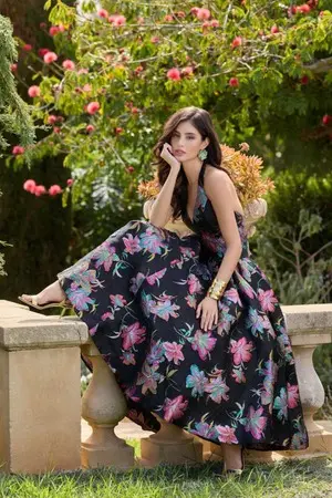 Mac Duggal Floral Metallic Brocade Halter Neck Midi Dress