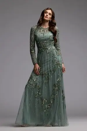 Mac Duggal Embellished Tulle Long Sleeve A-line Gown