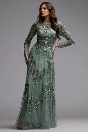Mac Duggal Embellished Tulle Long Sleeve A-line Gown