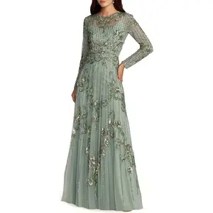 Mac Duggal Embellished Long Sleeve A-line Gown - Sage