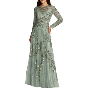 Mac Duggal Embellished Long Sleeve A-line Gown - Sage