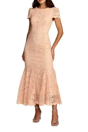 Mac Duggal Embroidered Lace Midi Dress With Cap Sleeves - Peach