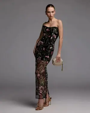 Mac Duggal Strapless Floral Embroidered Column Gown