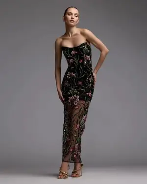 Mac Duggal Strapless Floral Embroidered Column Gown