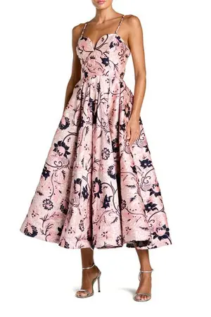 Mac Duggal Floral Brocade Sweetheart Neck A-line Midi Dress - White Multi