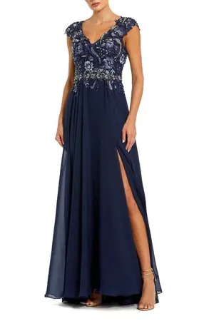 Mac Duggal Embellished Cap Sleeve Chiffon Gown