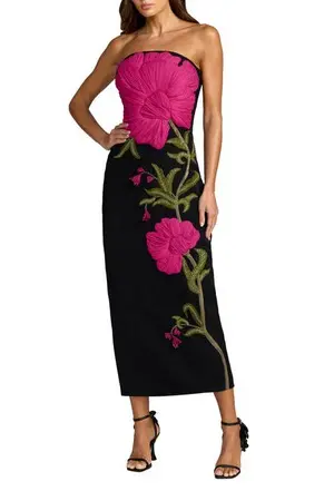 Mac Duggal Strapless Floral Embroidered Midi Dress - Black Multi