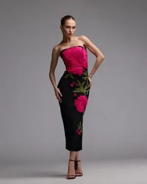 Mac Duggal Strapless Floral Embroidered Midi Dress
