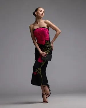 Mac Duggal Strapless Floral Embroidered Midi Dress