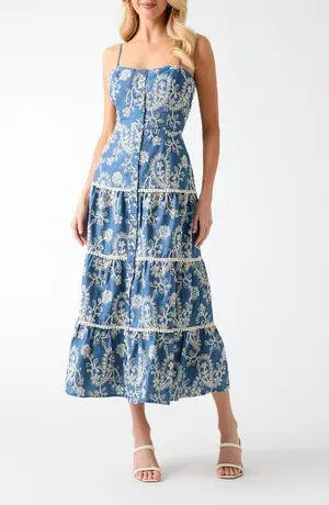 Guess Evelyn Eyelet Embroidery Midi Dress - Blue Multi