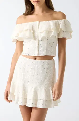 Guess Eyelet Off-the-shoulder Ruffled Crop Top - Ivory
