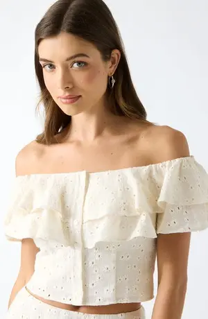 Guess Eyelet Off-the-shoulder Ruffled Crop Top - Ivory