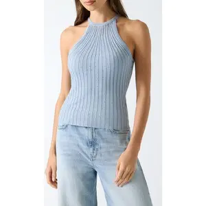 Guess Metallic Rib Knit Halter Tank Top - Blue