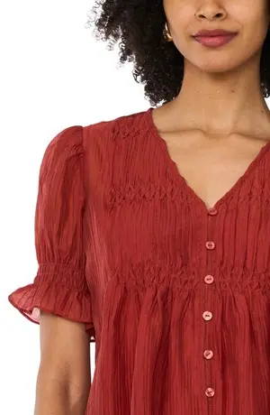 Vince Camuto Pintucked Chiffon Puff Sleeve Top - Rust 242