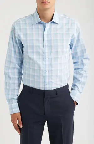 Lorenzo Uomo Trim Fit Plaid Check Cotton Dress Shirt - Light Blue
