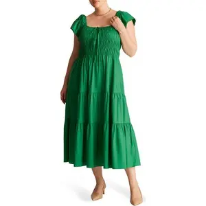 ESTELLE Alana Smocked Cotton Tiered Midi Dress - Emerald