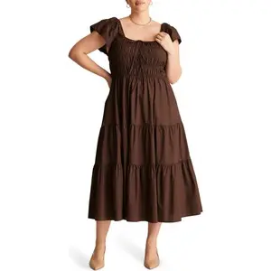 ESTELLE Alana Smocked Cotton Tiered Midi Dress - Truffle