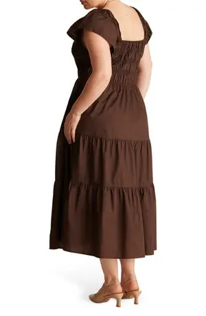 ESTELLE Alana Smocked Cotton Tiered Midi Dress - Truffle