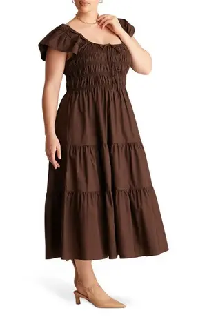 ESTELLE Alana Smocked Cotton Tiered Midi Dress - Truffle