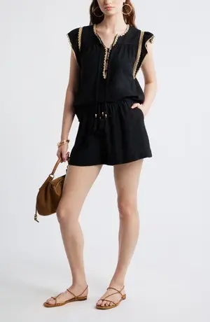 Treasure & Bond Crochet Trim Linen Blend Top - Black