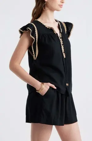 Treasure & Bond Crochet Trim Linen Blend Top - Black