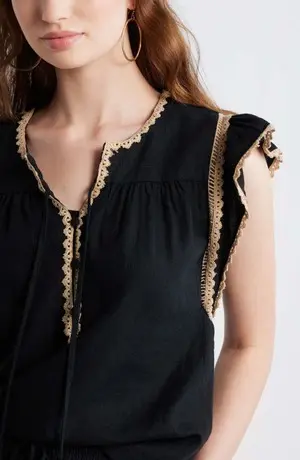 Treasure & Bond Crochet Trim Linen Blend Top - Black