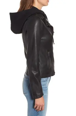 Caslon Leather Moto Jacket With Removable Hood