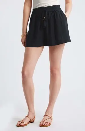 Treasure & Bond Beaded Tassel Linen Blend Shorts - Black