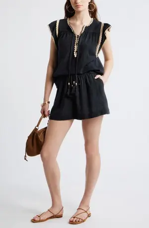 Treasure & Bond Beaded Tassel Linen Blend Shorts - Black