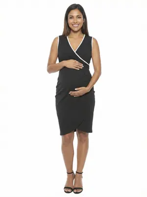 24SEVEN COMFORT APPAREL Maternity V-neck Sleeveless Faux Wrap Midi Dress With Tulip Hemline - Black