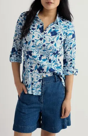 SEASALT CORNWALL Larissa Floral Crinkled Organic Cotton Button-up Shirt - Winding Meadow Blue Fog