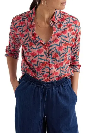 SEASALT CORNWALL Larissa Floral Crinkled Organic Cotton Button-up Shirt - Echinacea Stems Rosehip