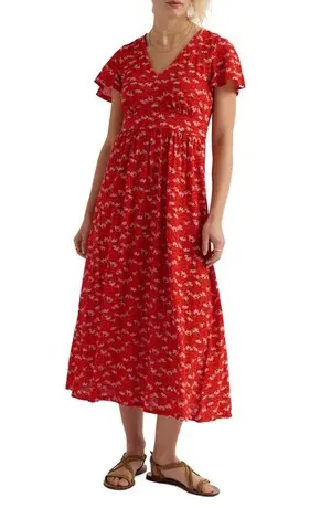 SEASALT CORNWALL Chateaux Floral Organic Cotton Midi Dress - Echinacea Stems Tomato