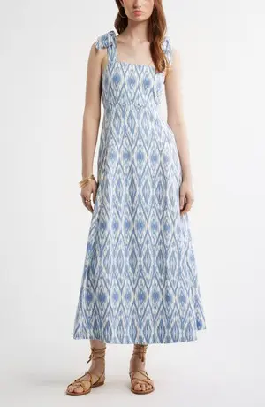 Treasure & Bond Floral Linen Blend Maxi Sundress - Ivory- Blue Diamond Ikat