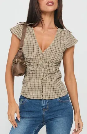 Princess Polly Princess Polly Ruched Corset Top With Plunge Neckline Beige Check