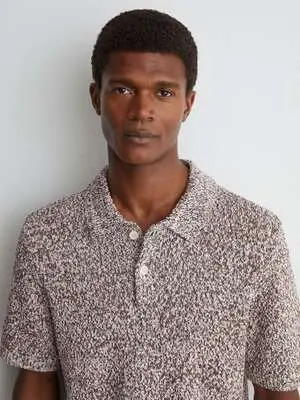 REISS Marco Cotton-blend Half-button Marled Polo - White/camel