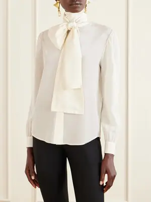 Saint Laurent Tie-detailed Silk Crepe De Chine Blouse - Neutrals