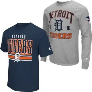 STARTER Heather Gray/ Detroit Tigers Two-pack Long Sleeve & Short Sleeve T-shirt Set - Navy
