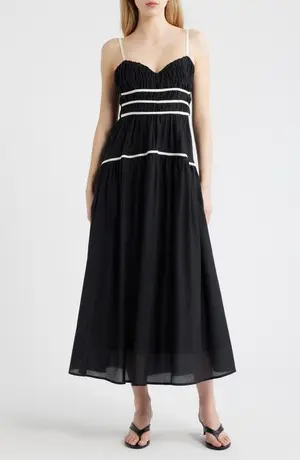 Moon River Shirred Tiered Midi Sundress - Black