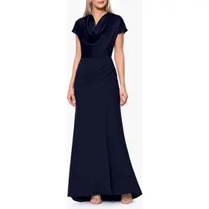 Betsy & Adam Cowl Neck Satin Gown - Navy