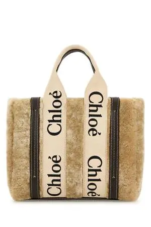 Chloé Beige Shearling Small Woody Shopping Bag - Light Brown