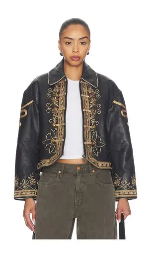 Free People Embellished Leather Zip-up Jacket - Black